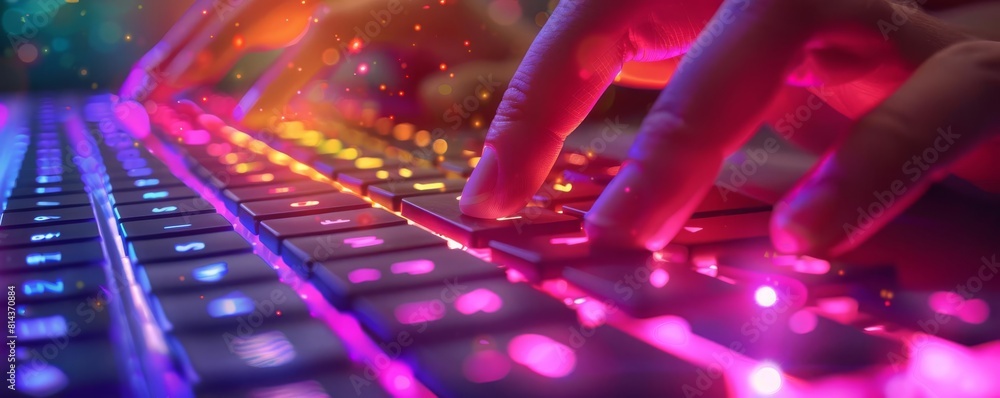 Fingers typing rapidly on a lightbased keyboard, top view Speed of ...