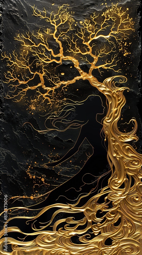 closeup tree gold leaves splashes lightning behind flowing hair liquid interface deep black ...