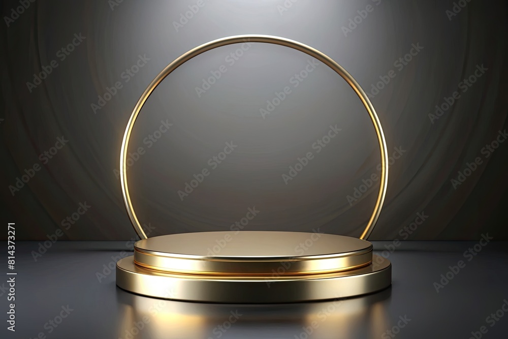 Round gold metal podium on gray background with gold circle and thin ...