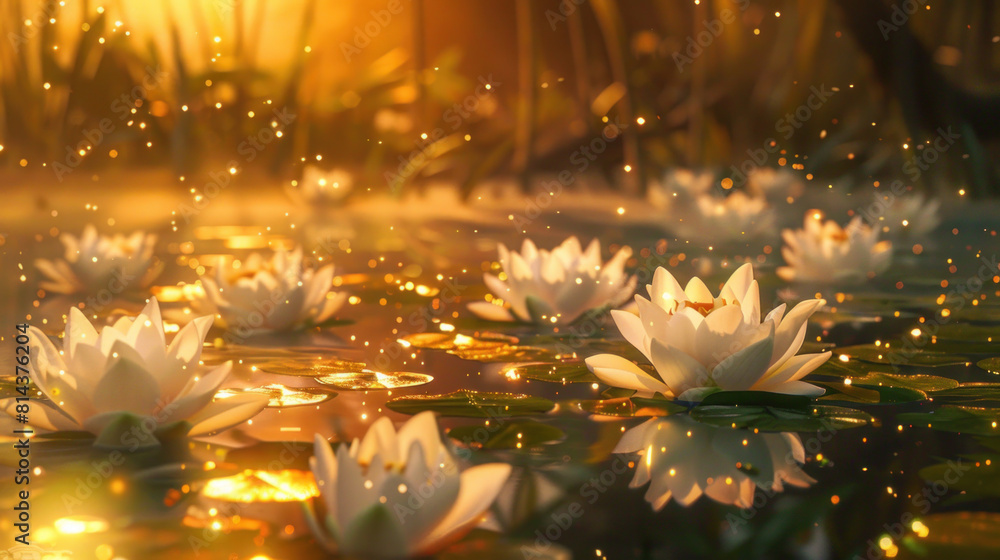 As sunlight dances upon the surface of the pond, white lotus flowers ...