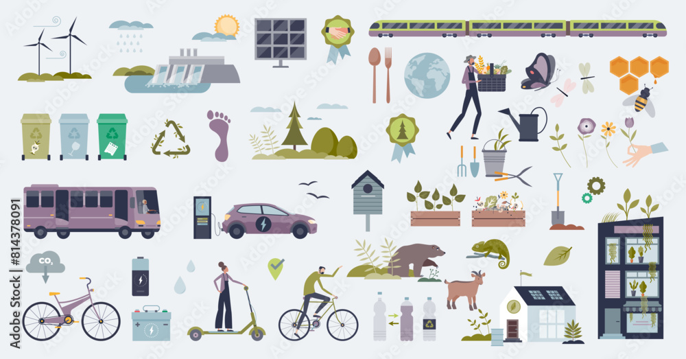 Green infrastructure and smart eco friendly lifestyle tiny person ...