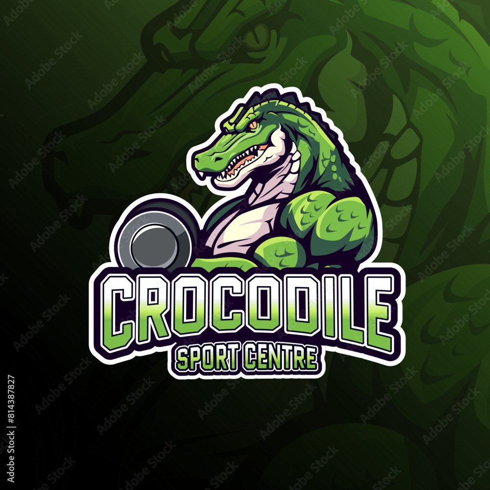 Fitness crocodile carrying dumbbell, sport centre, mascot logo design ...