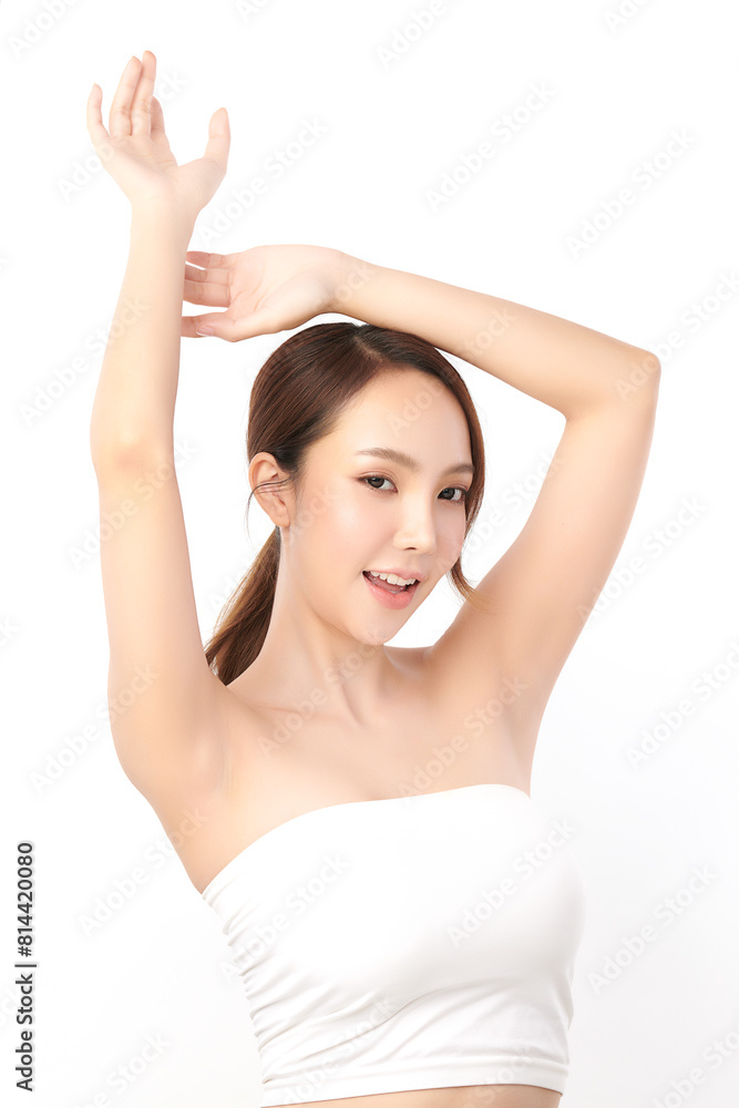 Beautiful Young Asian Woman Lifting Hands Up To Show Off Clean And