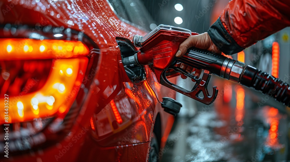 Detailed shot of motorist hand refueling premium fuel at self-serve gas ...