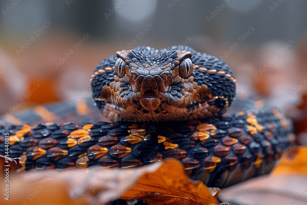 Gaboon Adder: Coiled on forest floor with broad head and camouflage ...