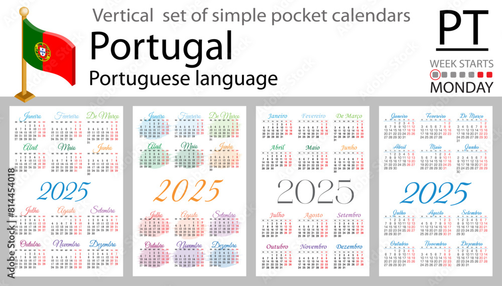 Portuguese vertical set of pocket calendar for 2025. Week starts Monday ...