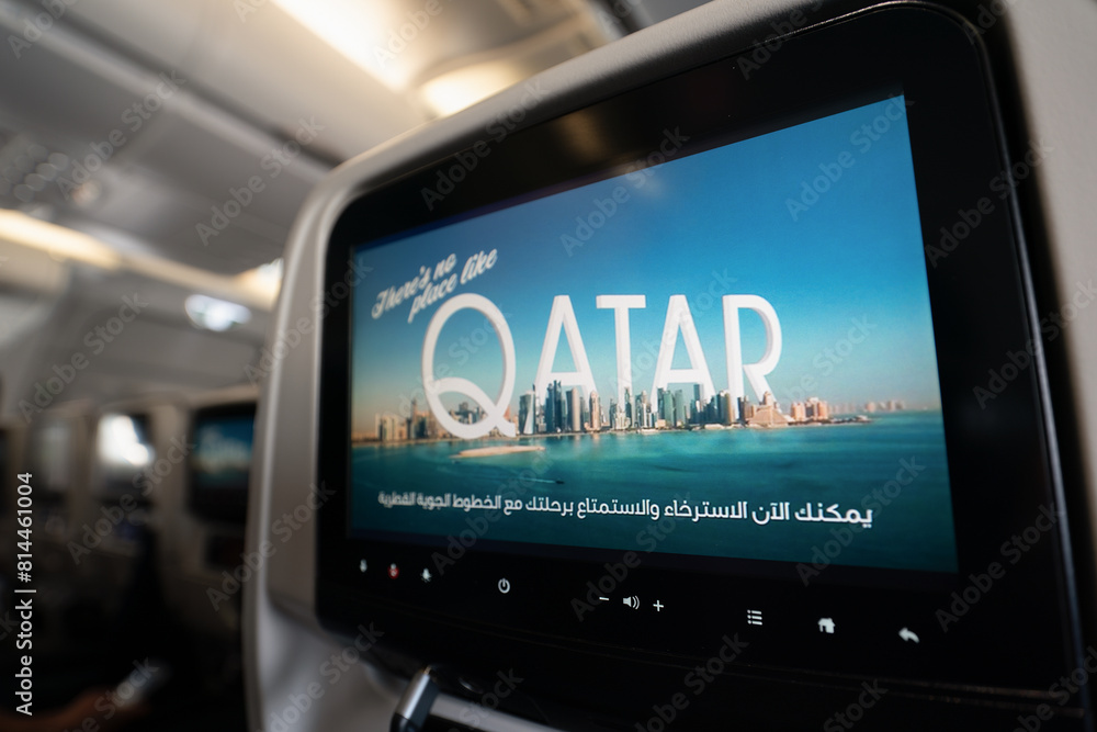 DOHA, QATAR - OCTOBER 13, 2023: a Qatar Airways Airbus A380 economy ...