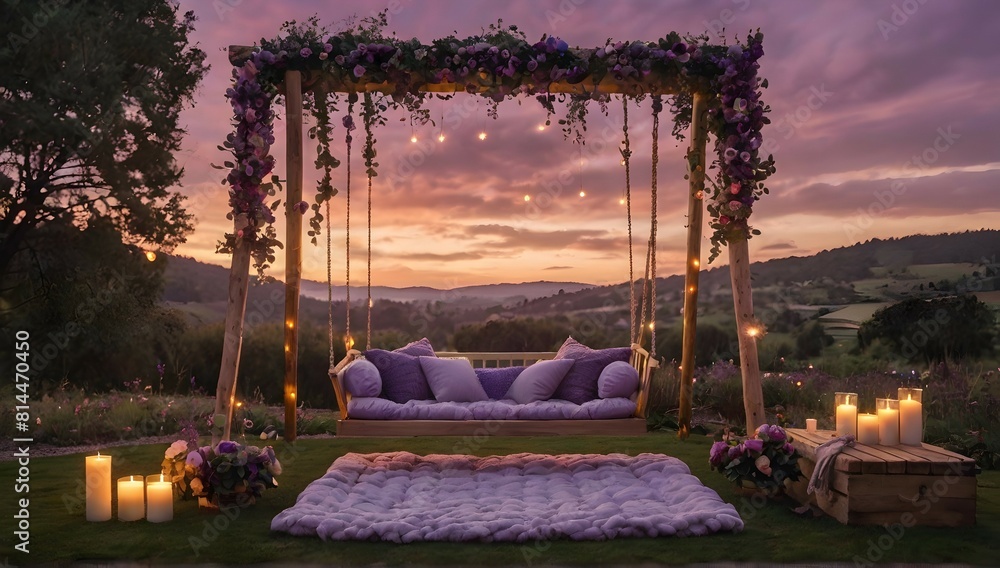 Purple sunset room with giant flower swing, led lights in clouds with a ...