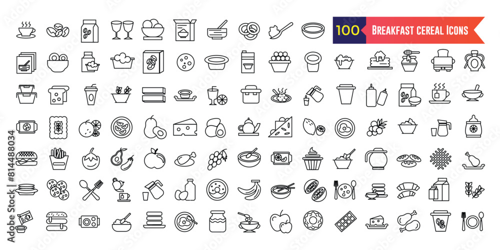Breakfast cereal icons set outline vector. Snack granola. Bar cereal ...