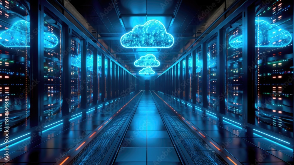 A modern digital server room with virtual cloud computing floating ...