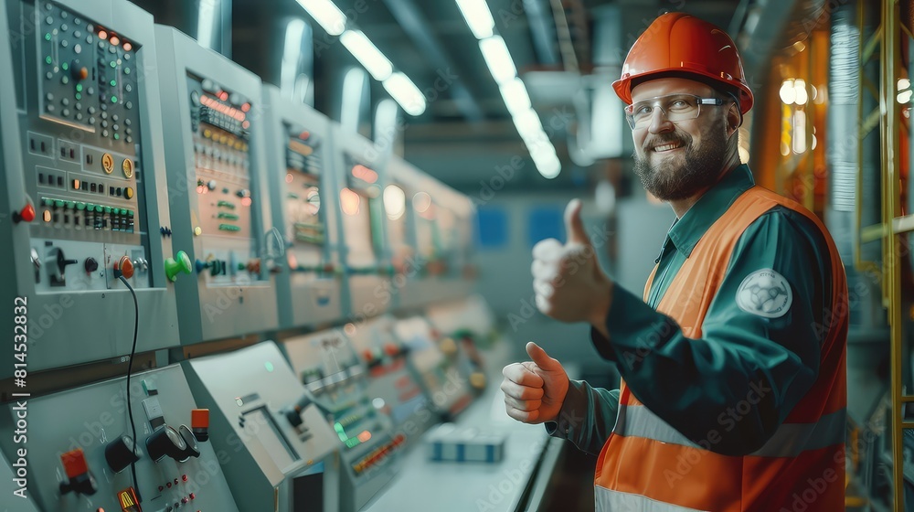 Confident Caucasian supervisor giving a thumbs up while standing beside ...