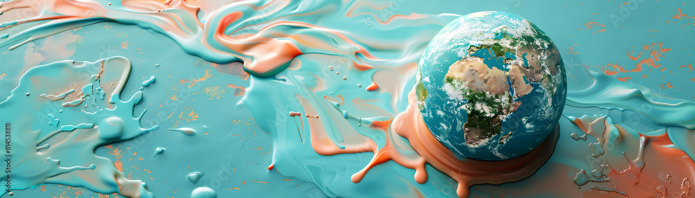 In a minimalist design, a top-down perspective shows a melting globe on ...