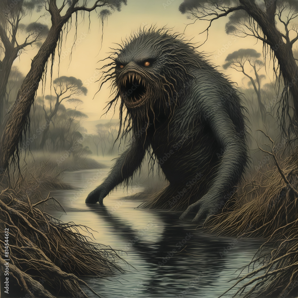 historic depiction of a bunyip, a mythical creature from Australian Aboriginal mythology, said ...