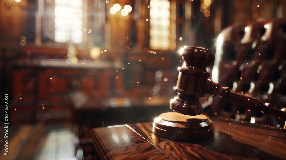 Gavel falling in a courtroom, motion blur capturing the decisive moment ...