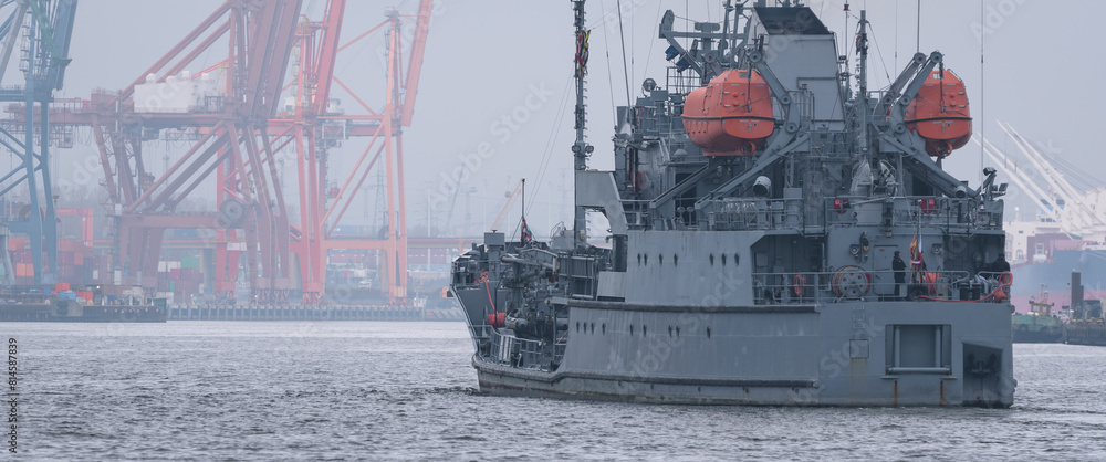 WARSHIP - A navy fuel tanker maneuvers in a seaport Stock Photo | Adobe ...