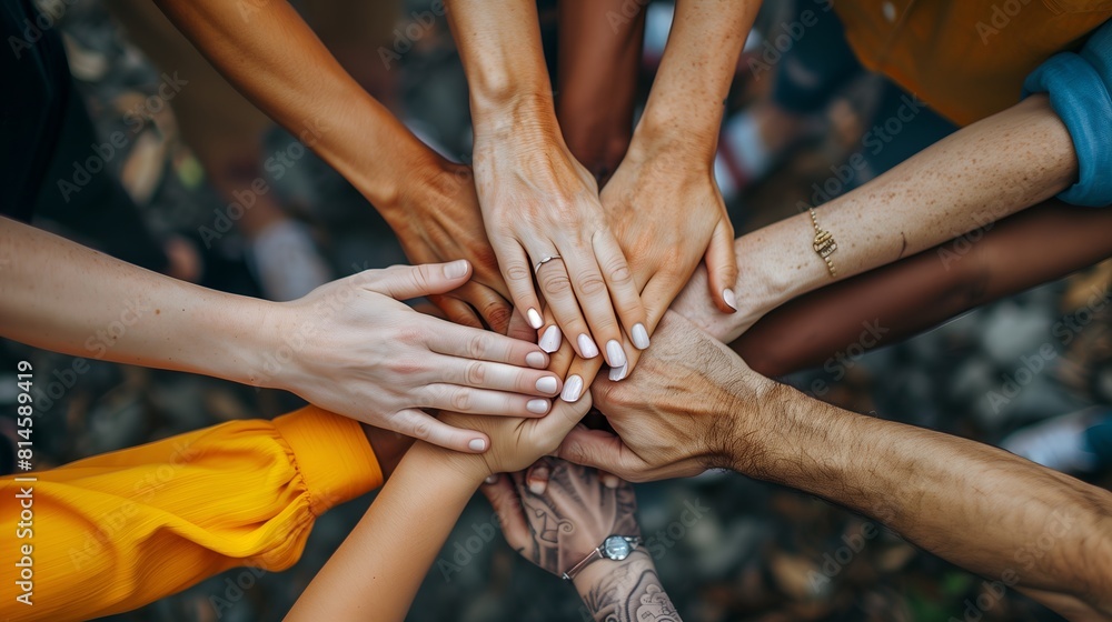 Group of multiethnic people joining hands in circle, black background ...