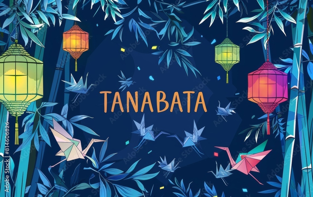 Festive paper lanterns and origami cranes set against a dark blue ...
