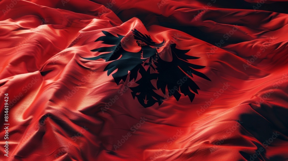 red flag of Albania with its black double-headed eagle emblem is waving ...