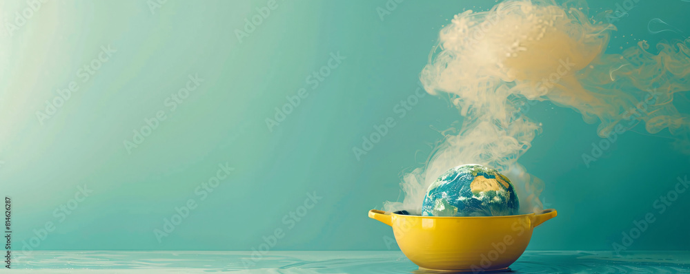 Against a minimalist color backdrop, an unreal scene depicts a pot ...