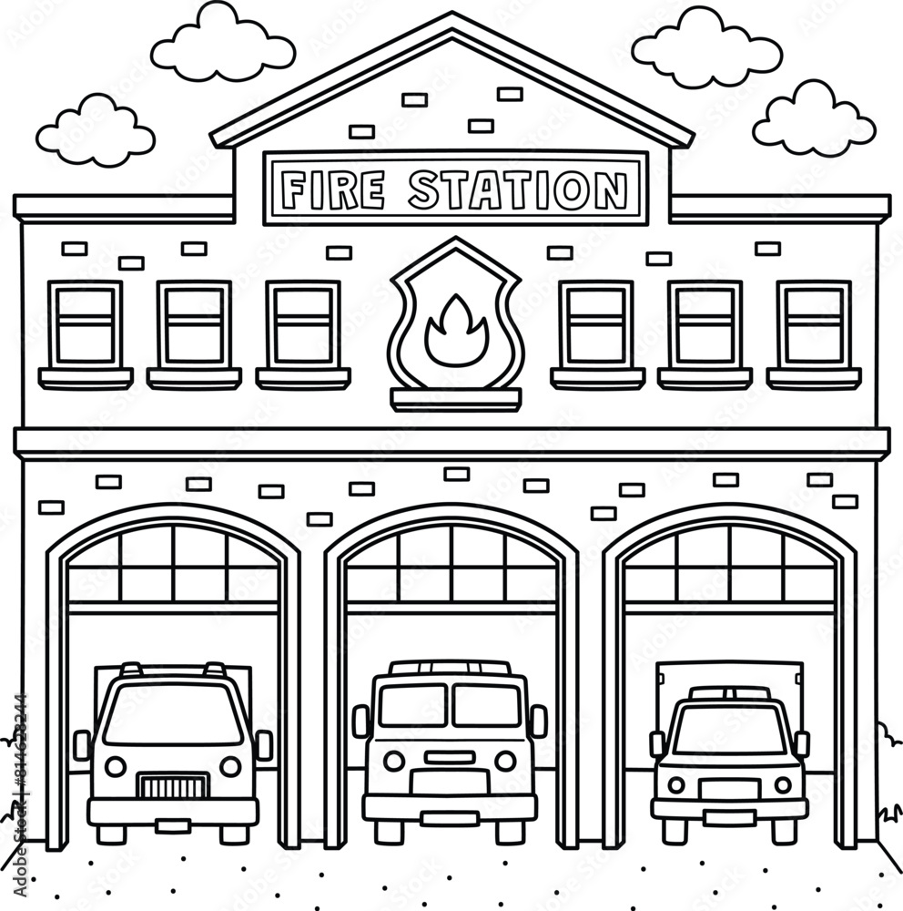 Fire Station Coloring Page for Kids Stock Vector | Adobe Stock