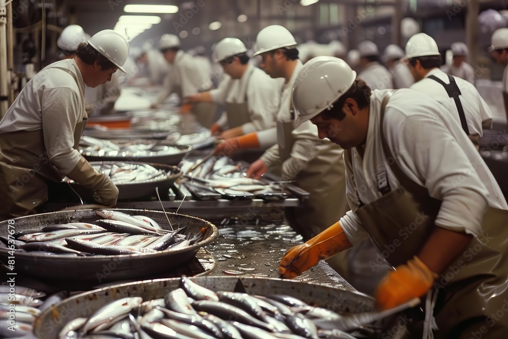 industrious workers diligently sort fish in a bustling processing plant ...