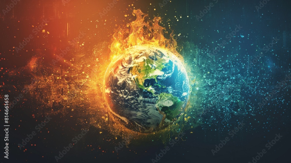 Dramatic illustration of Earth with fire and water, representing ...