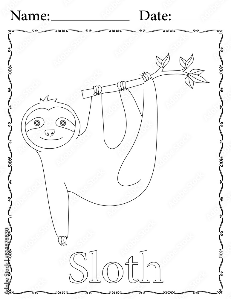 Sloth Coloring Page. Printable Coloring Worksheet for Kids. Educational ...