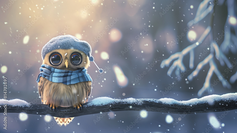 3d illustration of cute little owl wearing scarf and hat in winter snow ...
