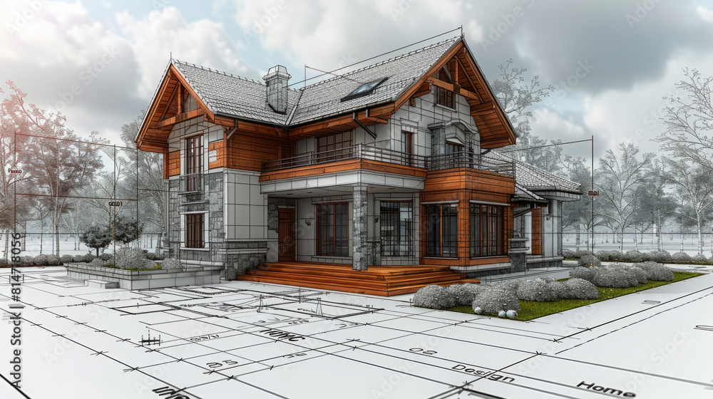 Architectural Model of a Modern Residential House on Blueprints Stock ...