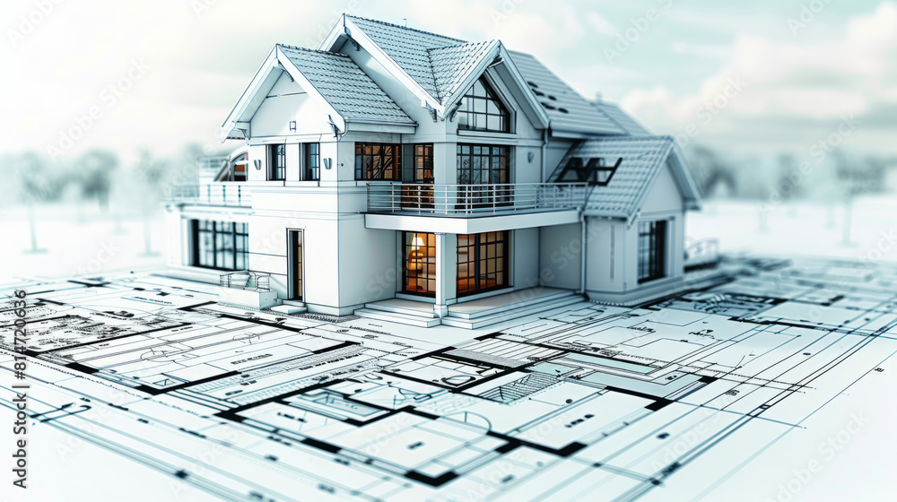 Architectural Model of a Modern Residential House on Blueprints Stock ...