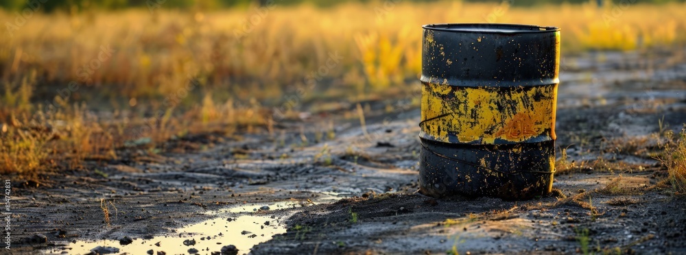 Oil barrel on the ground in open field, desert grassland background ...