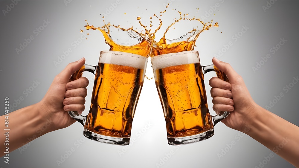 Two Beer Mugs toasting creating splash isolated on transparent ...