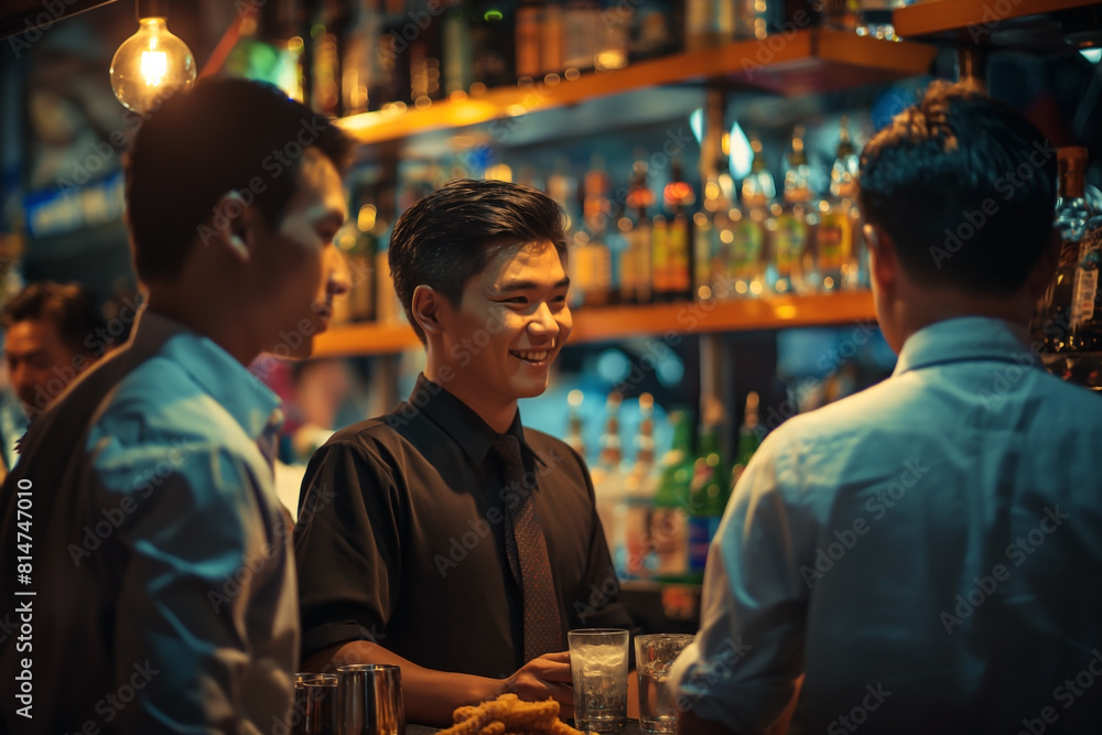 Thai young salaryman gather at a vibrant bar to decompress and ...