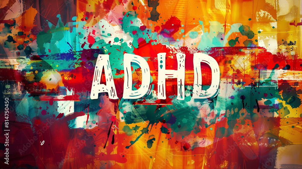 Bold, prominent text "ADHD" in large, clear sans-serif font, center ...