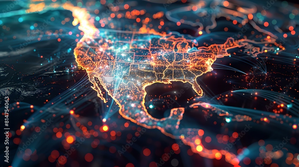 Illuminated network map of the USA showing data streams and ...