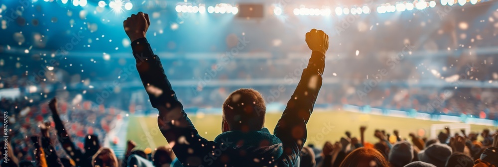 Back view of person with arms raised in celebration at sports stadium ...