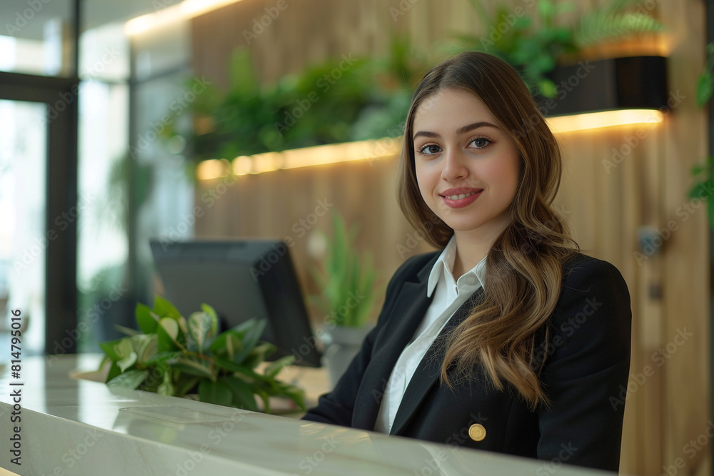 ภาพถ่าย Stock A young woman receptionist is standing with a bright ...