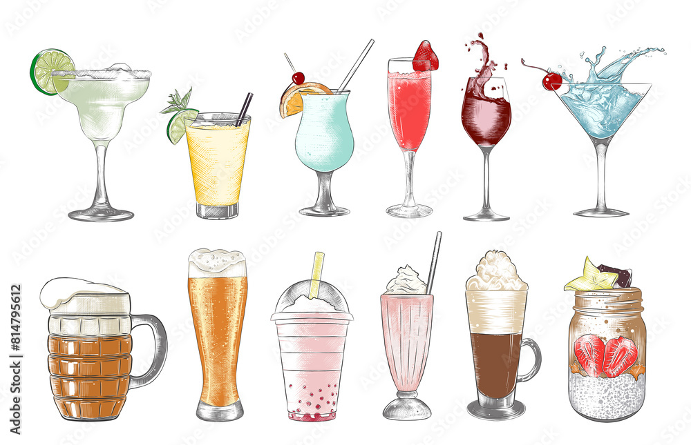 PNG engraved style cold beverages and cocktails collection for posters ...