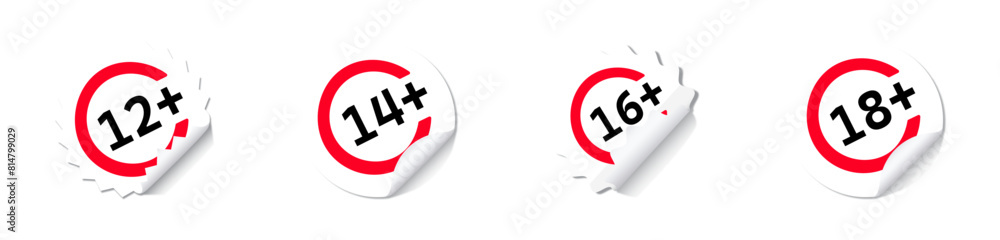 Paper white circle stickers with an age restriction of 12+ to 18+ with ...