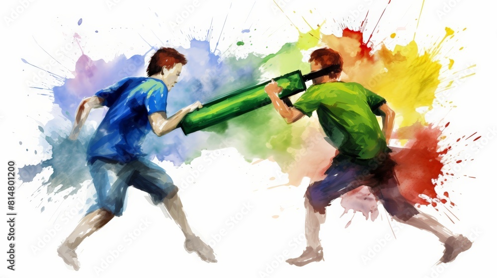 Two men are playing a game of paintball. One of them is holding green ...