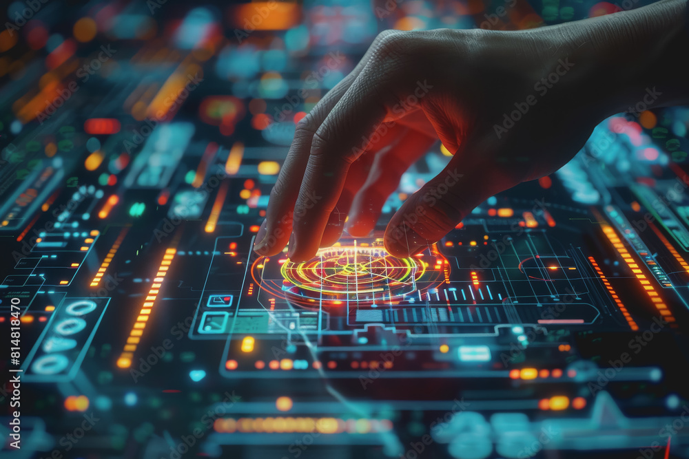 Human hand touching the screen in the digital field, technology, AI ...