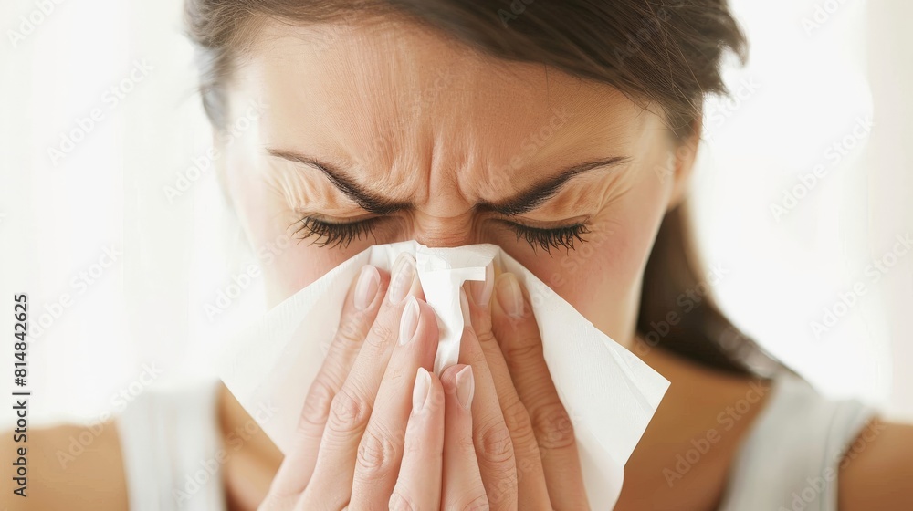 woman blowing her nose with a tissue, alleviating congestion and ...