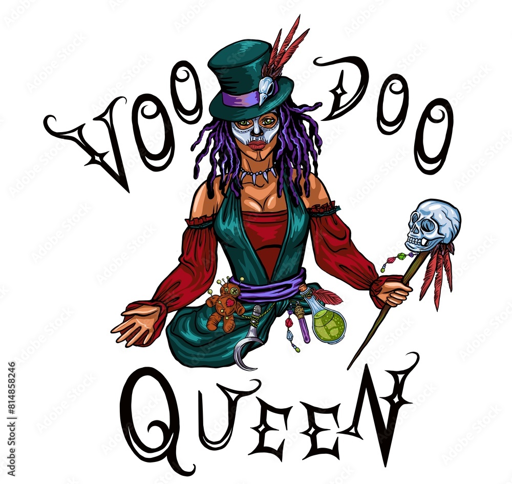 Voodoo queen, ritual voodoo doll and magic ball. cartoon illustration ...