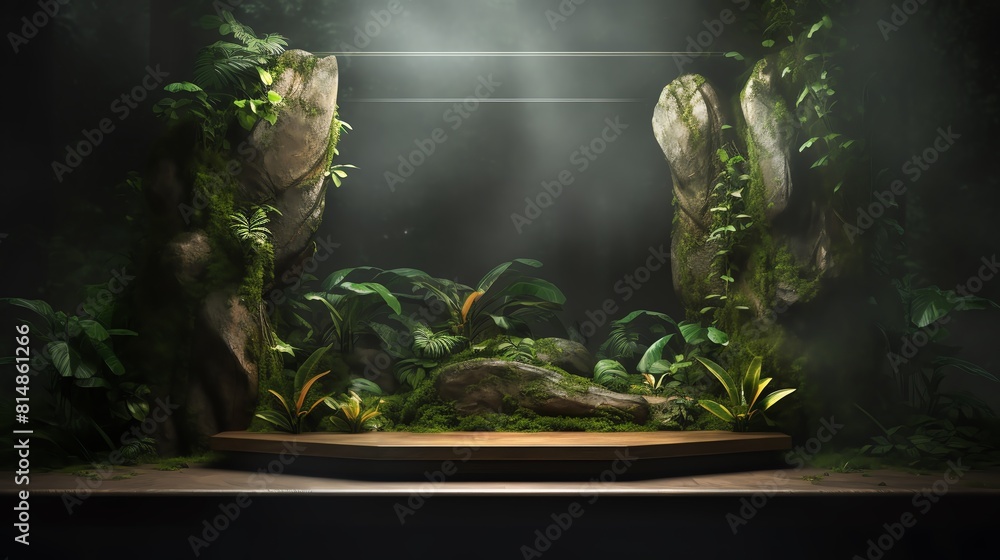 A lush, overgrown jungle scene with a spotlight in the center.Mao Mi De ...