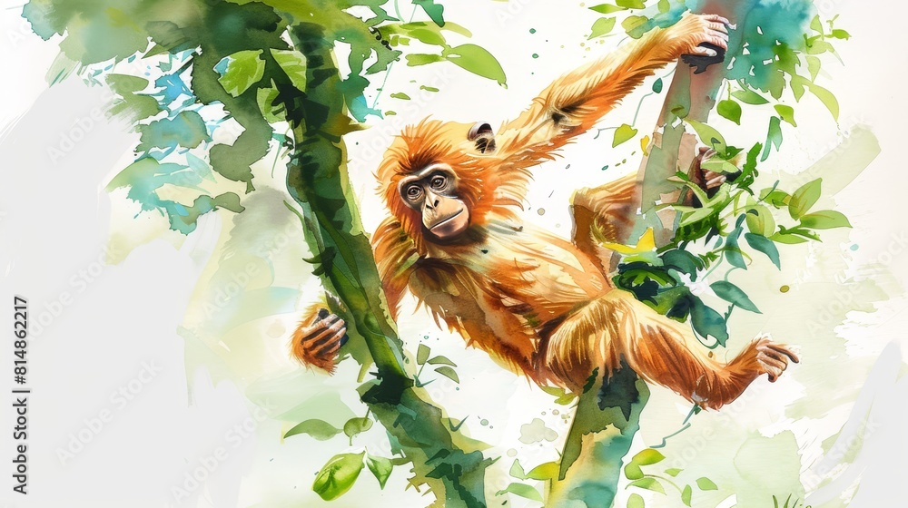 Hand-drawn watercolor of a mischievous monkey swinging from a tree, its ...