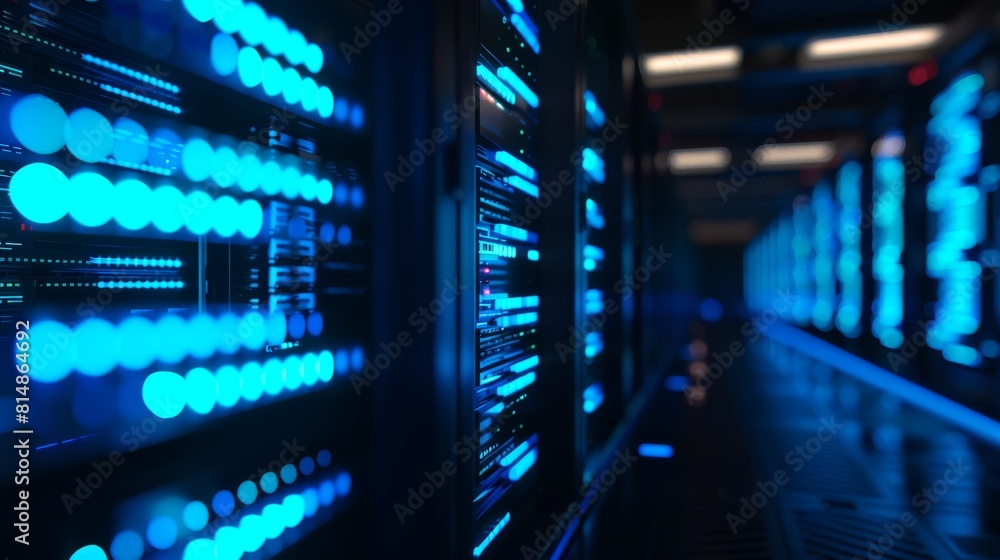 Data center server racks and big data storage concepts with blue light ...