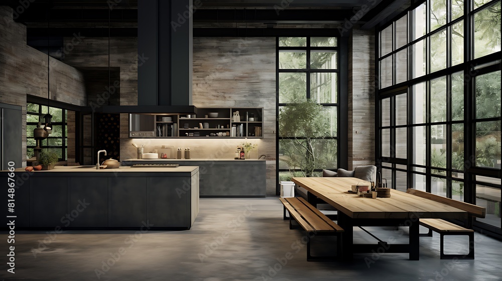 Urban industrial kitchen with exposed ductwork, concrete countertops ...
