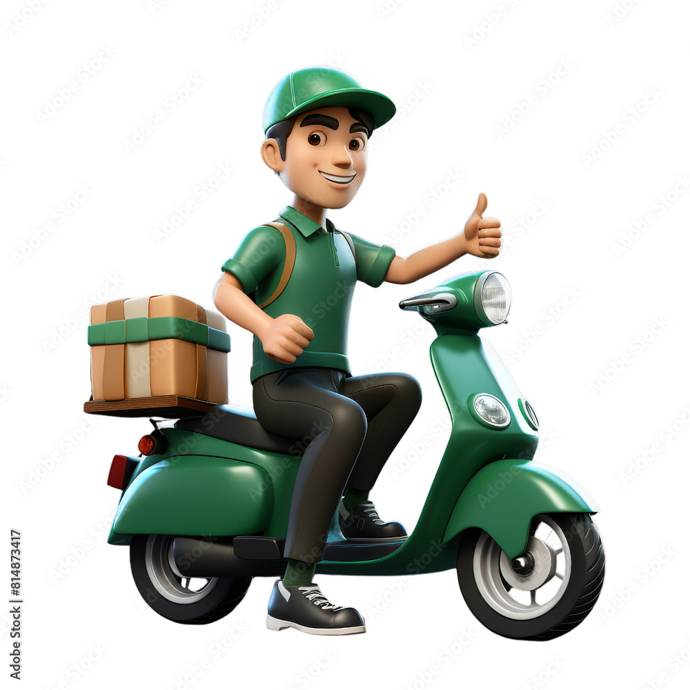 3D delivery man character with a green uniform, sitting on scooter ...