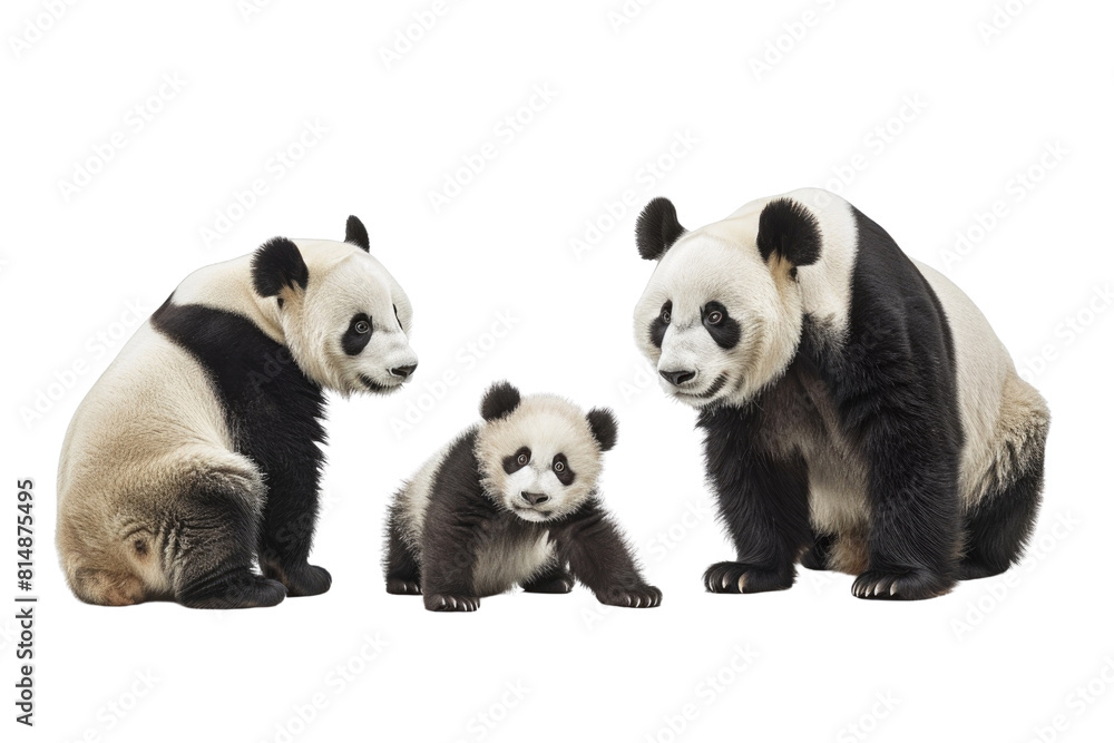 A family of pandas is sitting together. The father panda is looking at ...