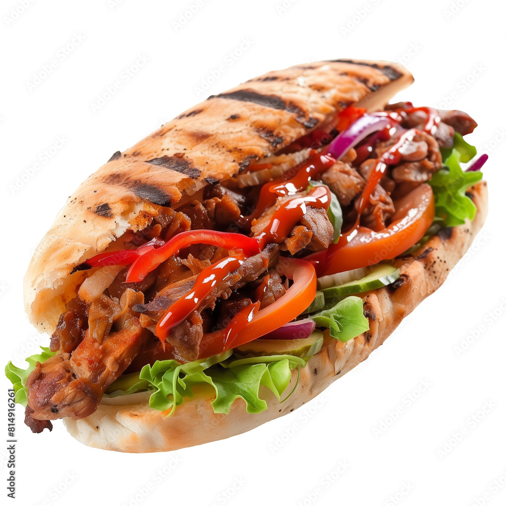 Döner Kebab Doner Kebap fast food in flatbread with red spicy sauce ...